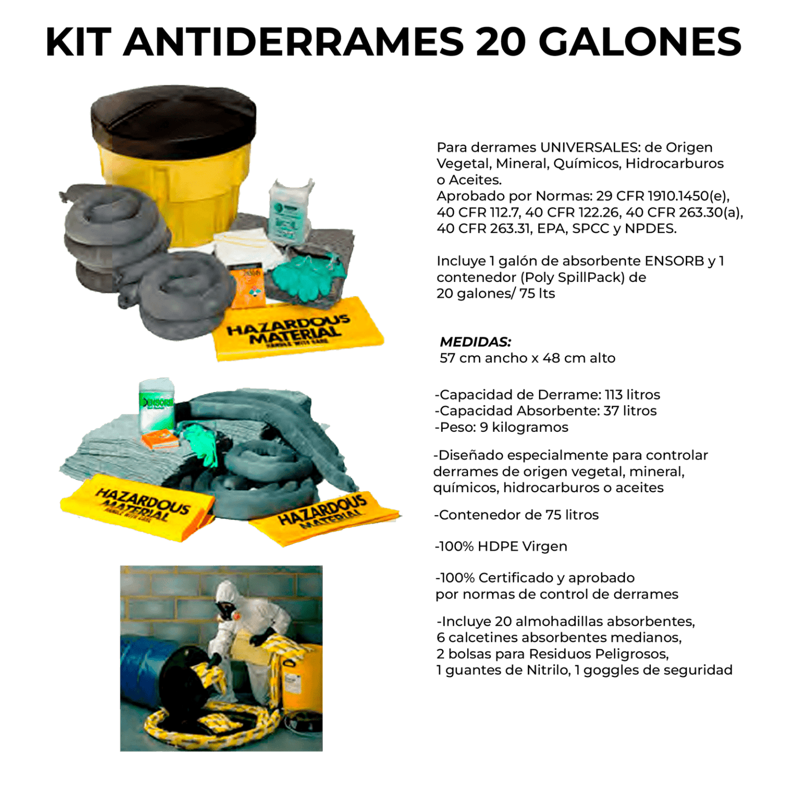 Kit Antiderrames 20 Galones - Universal